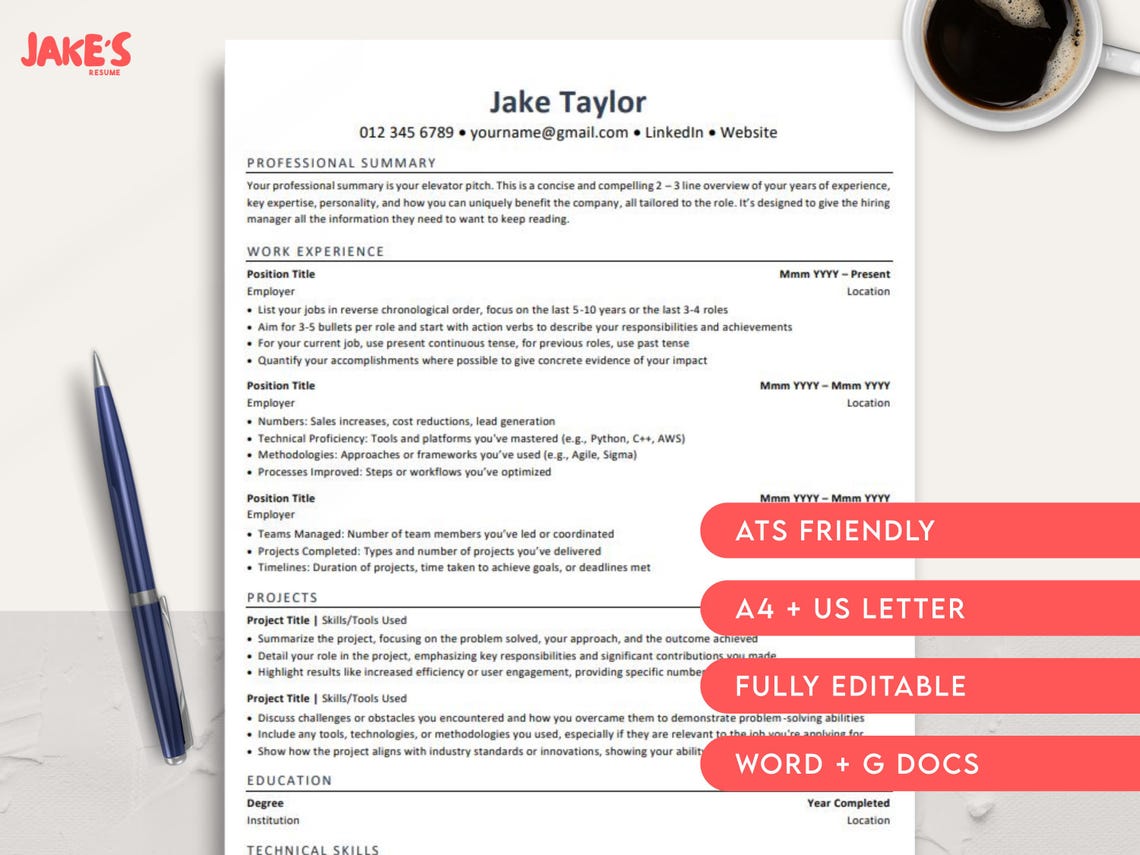 Jake's Resume Word DOCX Google Docs Template | IT, Tech, Software Developer, Engineer Resume ...