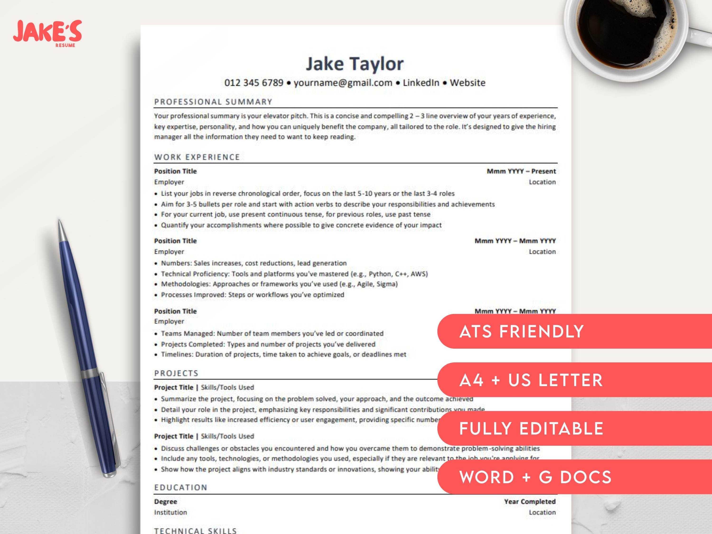 Jake's Resume Word DOCX Google Docs Template | IT, Tech, Software Developer, Engineer Resume ...