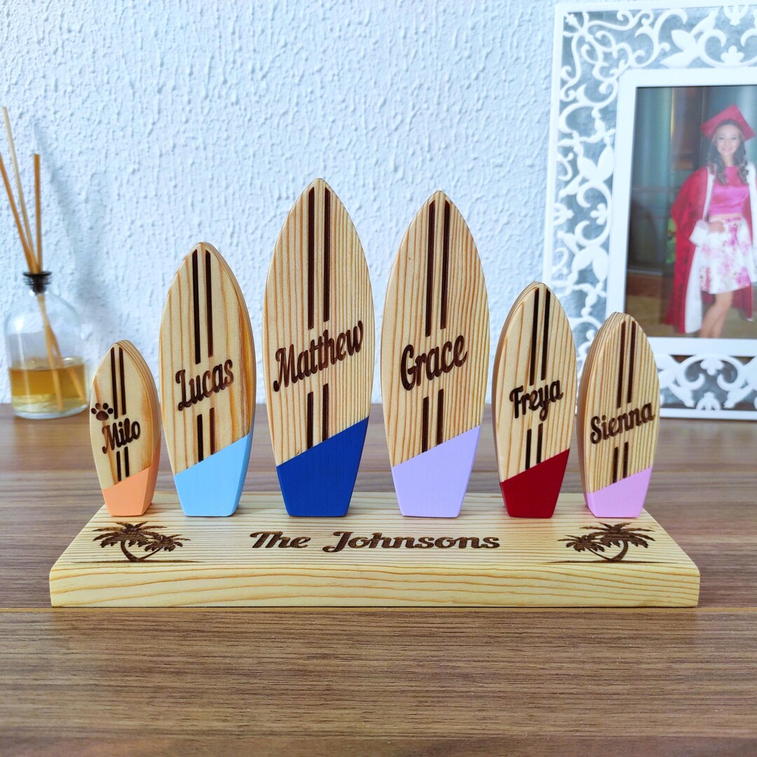 Personalized Surfboard Wood Family Figurine: Coastal Cozy Home Decor ...