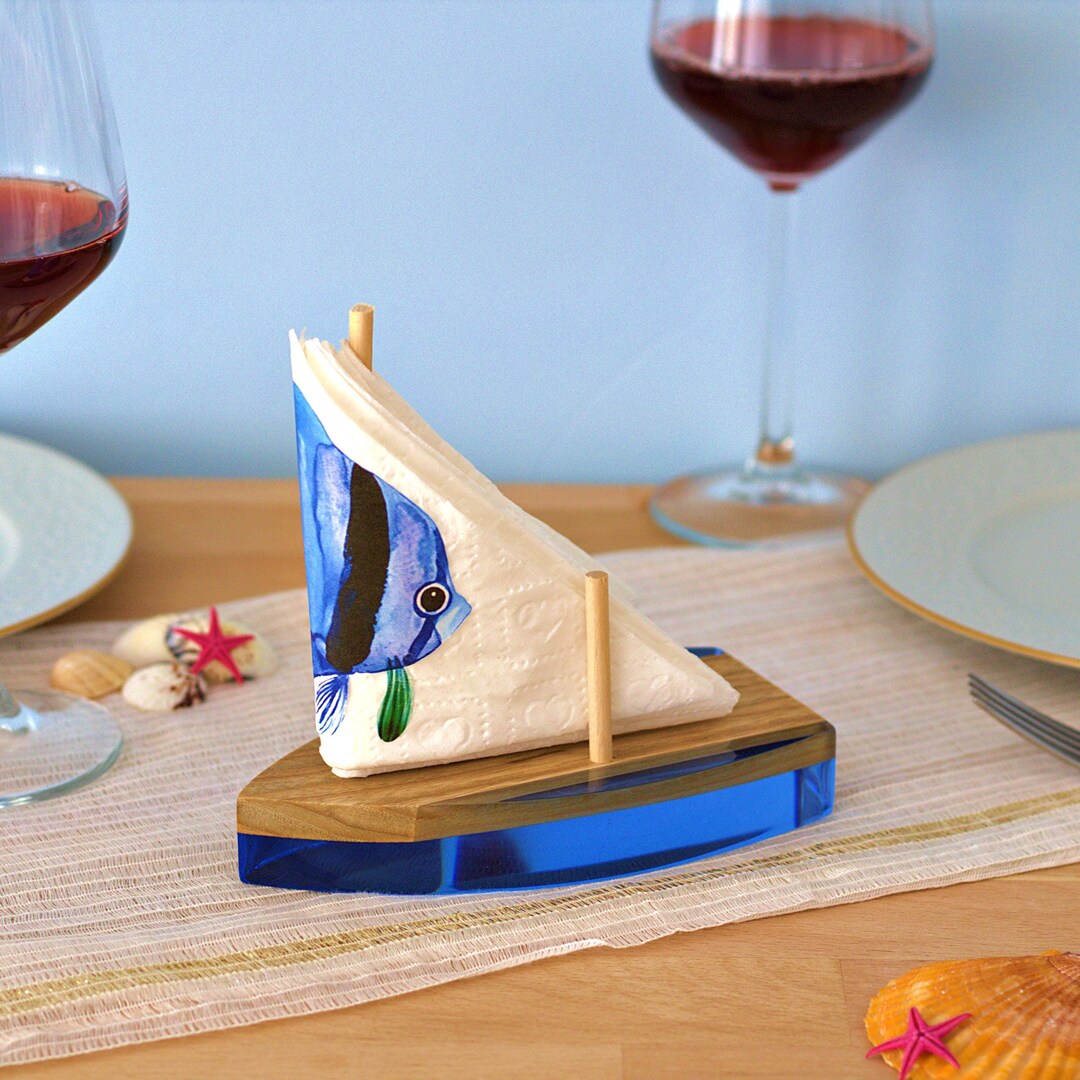 Marine Themed Epoxy and Wood Table Napkin Holder, Unique Sailboat Decor ...