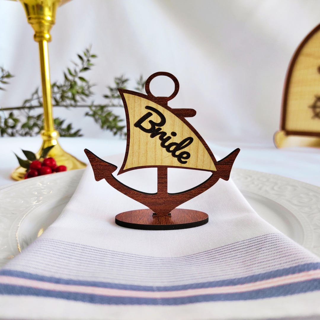 Nautical Bride and Groom Name Tags, Anchor & Sail Wood MDF Place Cards ...