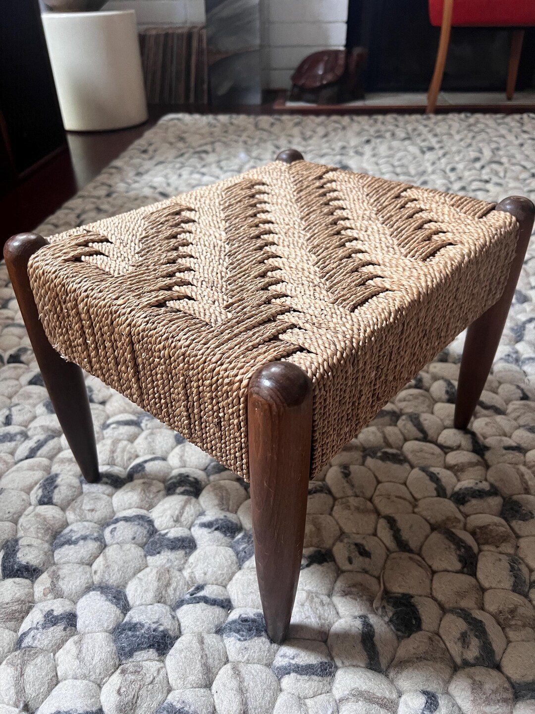 Mid-century Woven Footstool Danish Cord |hygge Decor| Blond Wood Legs ...