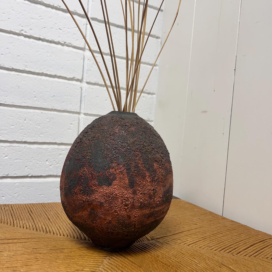 Vintage Raku-style Textured Studio Pottery Vase – Heavy Volcanic Glaze ...