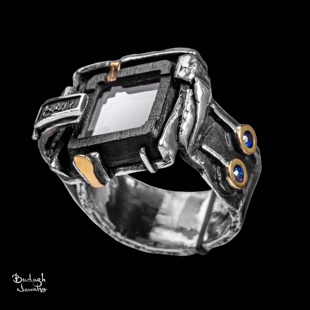 Shamanic Mirror Ring | Sterling Silver, 18K Gold, Sapphire Amulet - Etsy