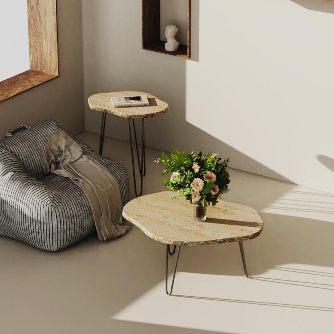 Stonemist Travertine Coffee Side Table Set, Irregular Oval Outdoor ...