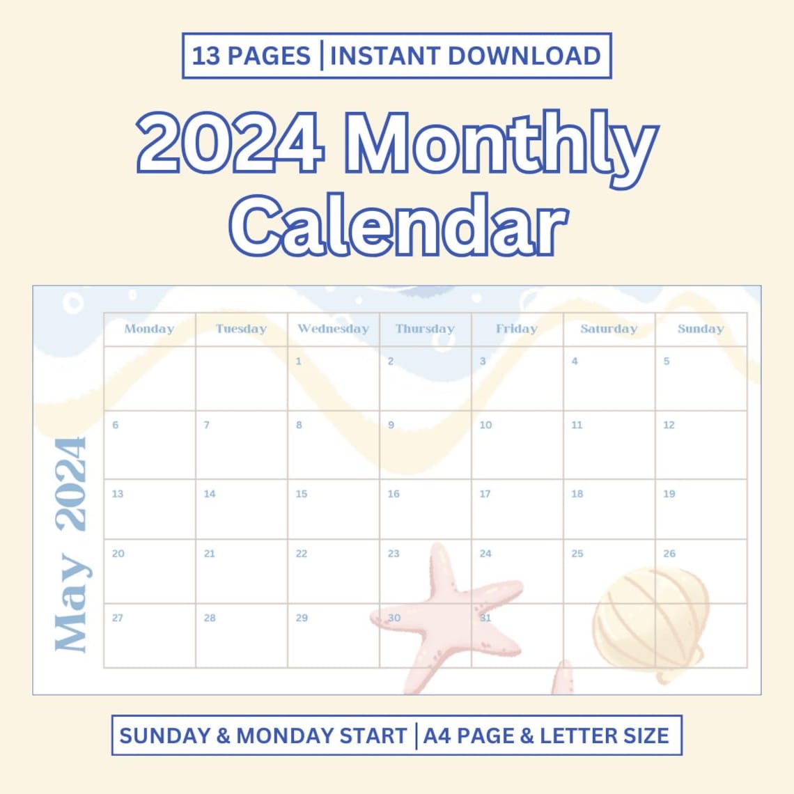2024 Calendar Monthly Beach Themed Aesthetic Template Printable PDF - Etsy