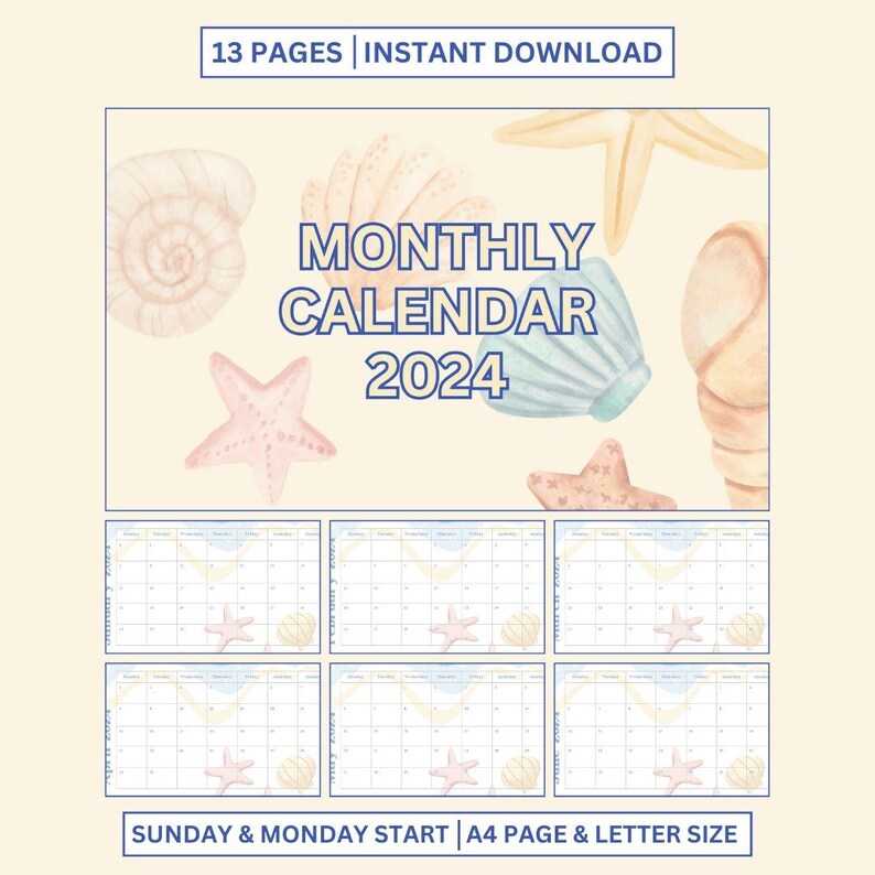 2024 Calendar Monthly Beach Themed Aesthetic Template Printable PDF - Etsy