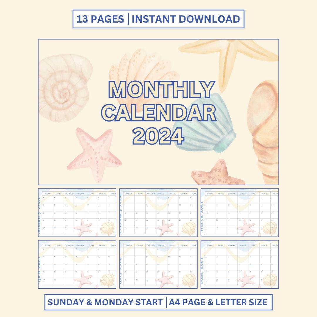 2024 Calendar Monthly Beach Themed Aesthetic Template Printable PDF - Etsy