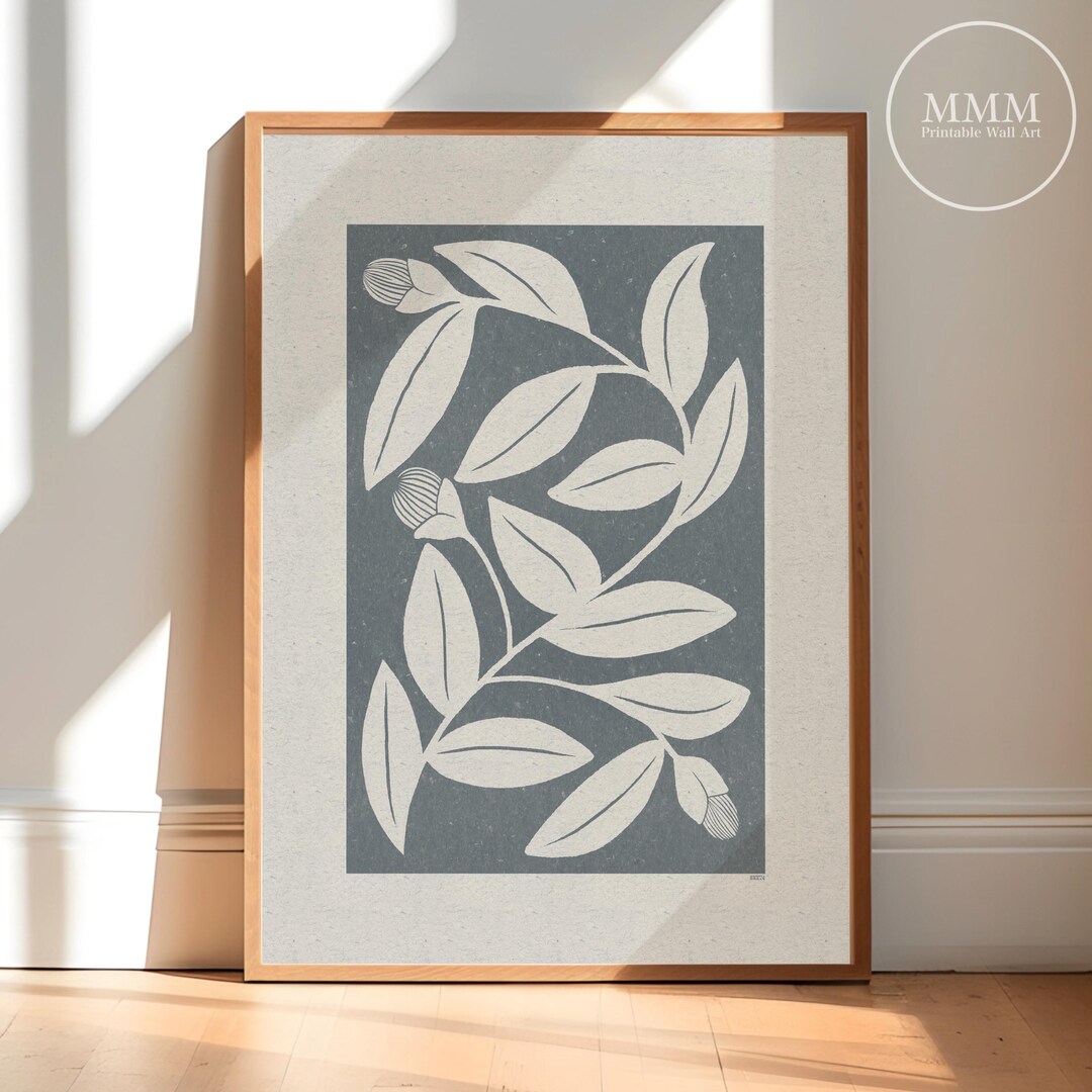 Navy Blue Cream Vine Leaf Flower Linocut Digital Wall Art Botanical ...