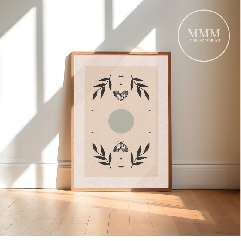 Minimal Moon Moth Sage Green Digital Print, Moth Leaves Star Boho Lino ...