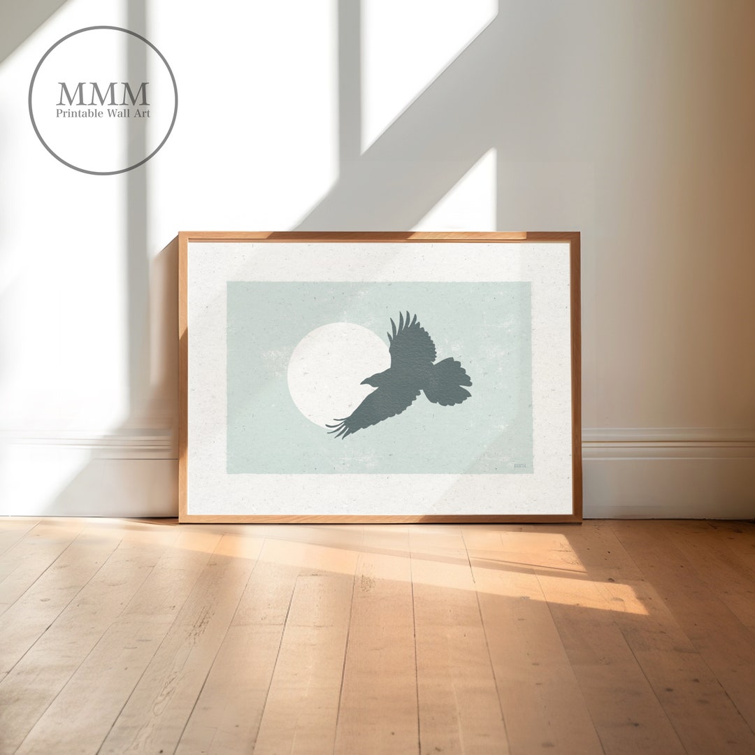 Flying Raven Bird Digital Art Print Silhouette Blue Sky Sun Art-print ...
