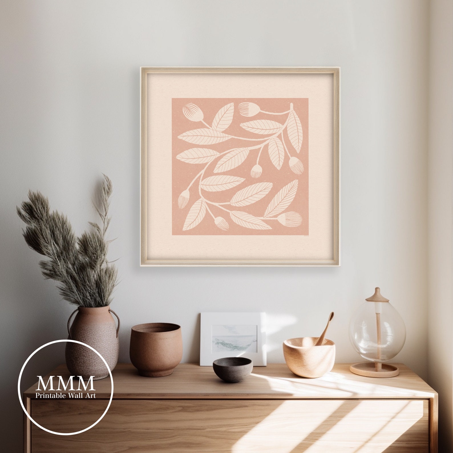 Leafy Blush Pink Cream Digital Art Print Lino-cut Cream Blush Floral ...