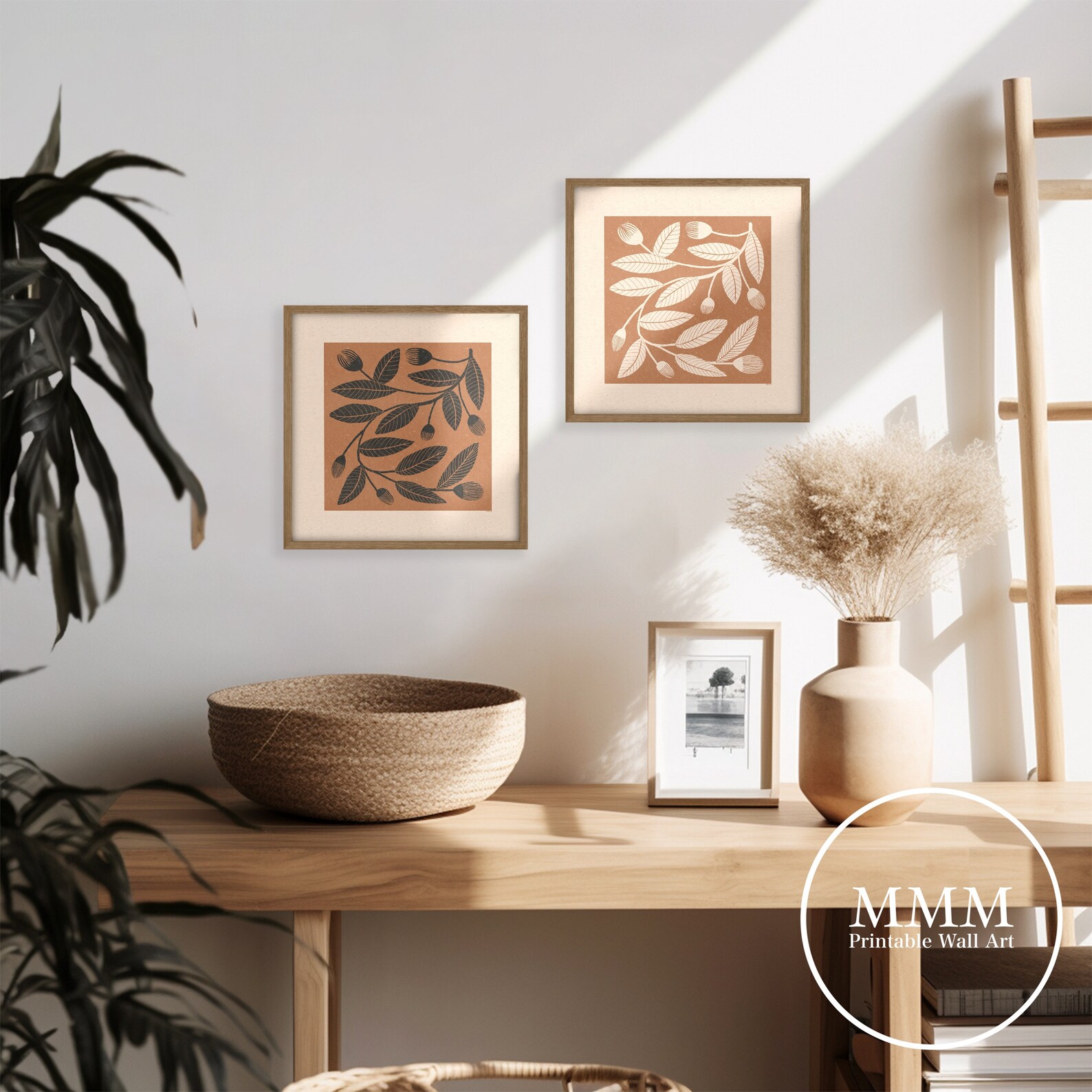 Leafy Terracotta Cream Digital Art Print Linocut Botanical Floral ...