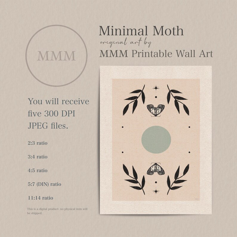 Minimal Moon Moth Sage Green Digital Print, Moth Leaves Star Boho Lino ...