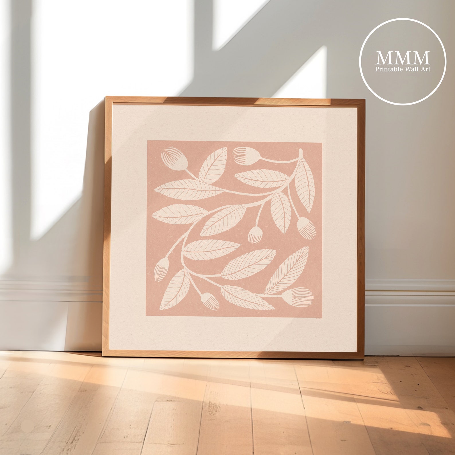 Leafy Blush Pink Cream Digital Art Print Lino-cut Cream Blush Floral ...