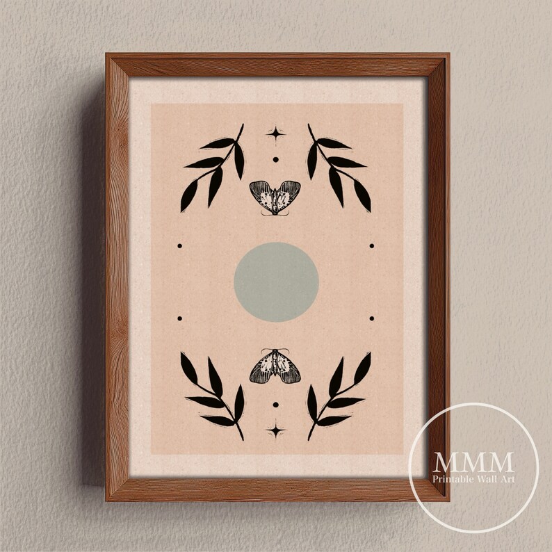 Minimal Moon Moth Sage Green Digital Print, Moth Leaves Star Boho Lino ...