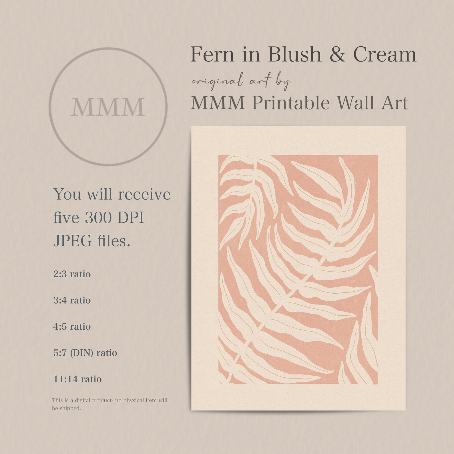 Minimalist Fern Blush Pink Cream Digital Artprintable Botanical ...