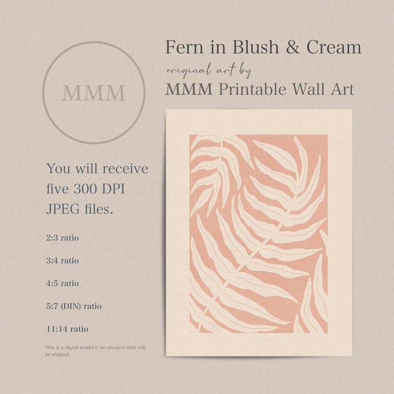 Minimalist Fern Blush Pink Cream Digital Artprintable Botanical ...