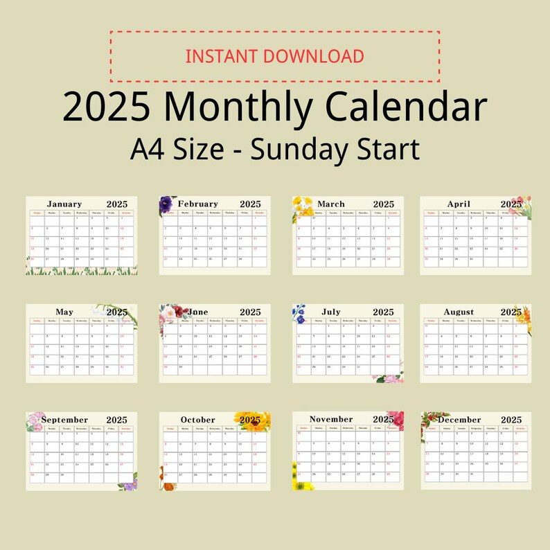 Botanical Beauty: 2025 Printable Monthly Calendar Featuring Seasonal ...