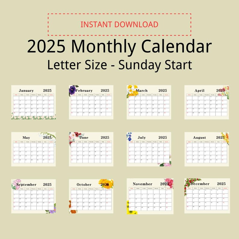 Botanical Beauty: 2025 Printable Monthly Calendar Featuring Seasonal ...