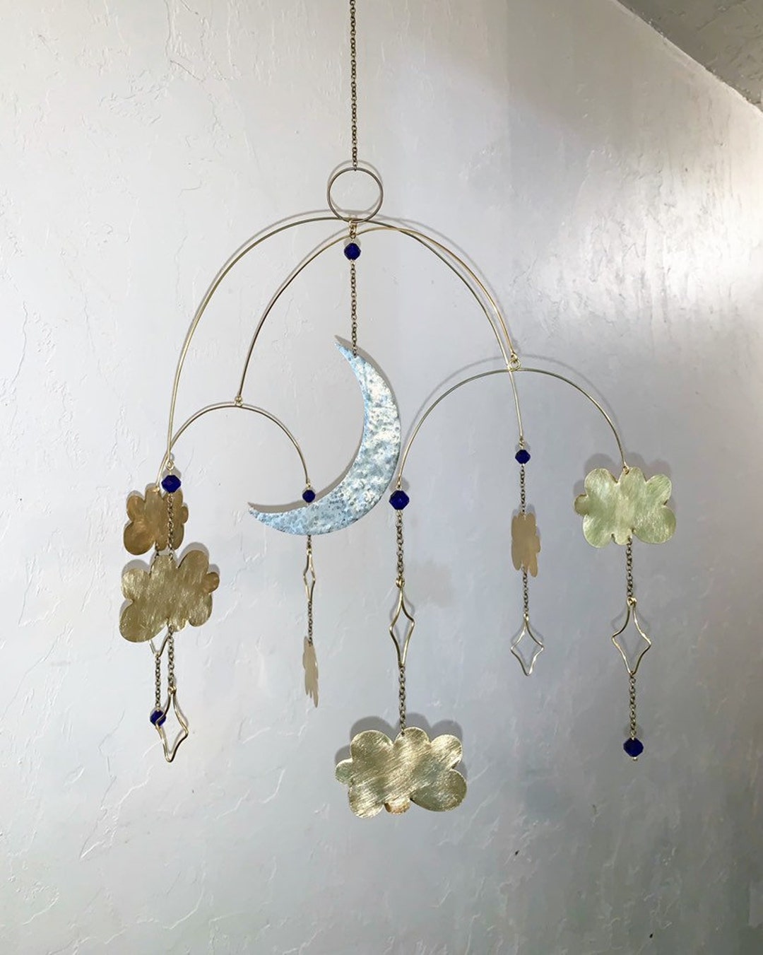 Brass Metal Crescent Moon Clouds Blue Sun Catching Mobile Hanging Room ...