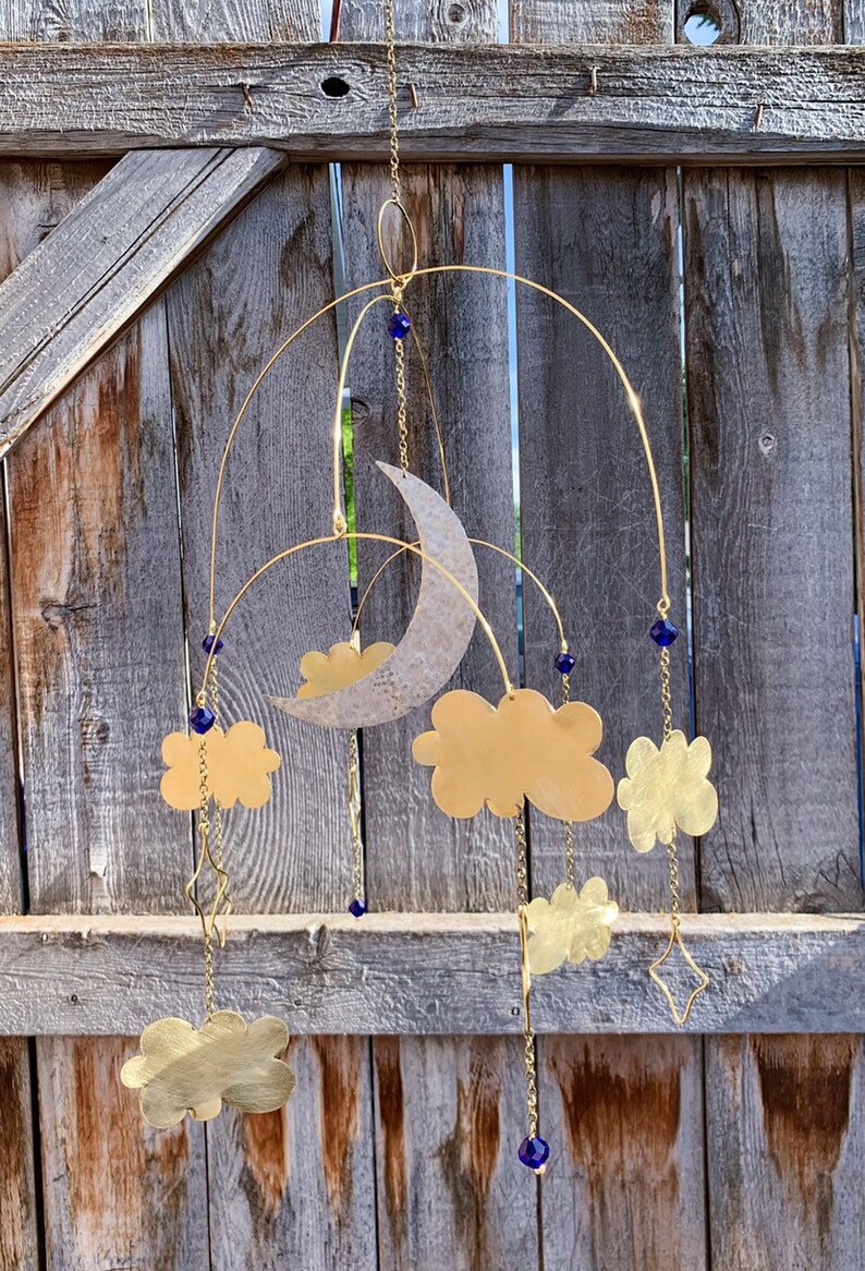 Brass Metal Crescent Moon Clouds Blue Sun Catching Mobile - Etsy