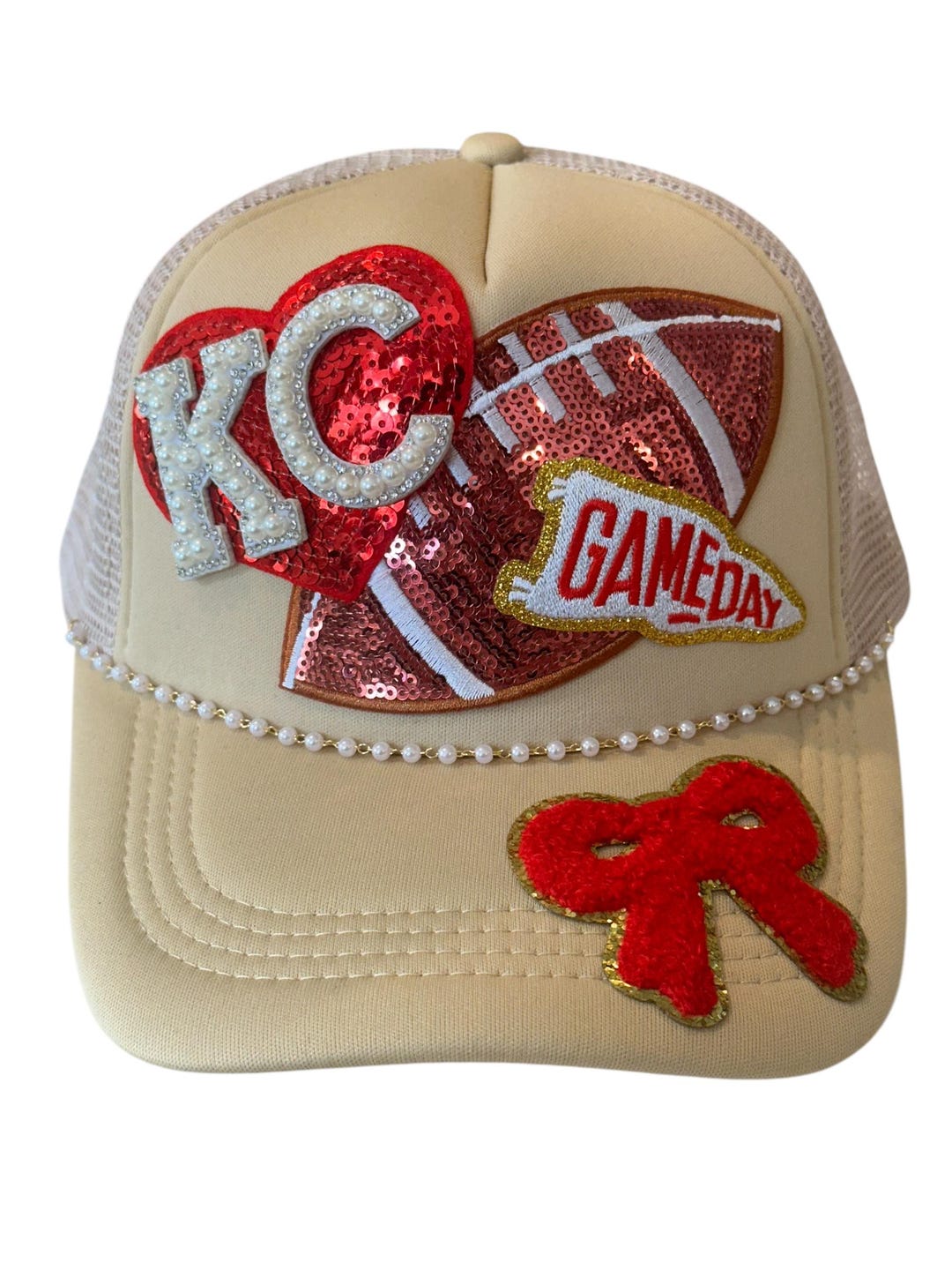 Pearl and Rhinestone Bling Kansas City Gameday Trucker Hat, KC Patch ...
