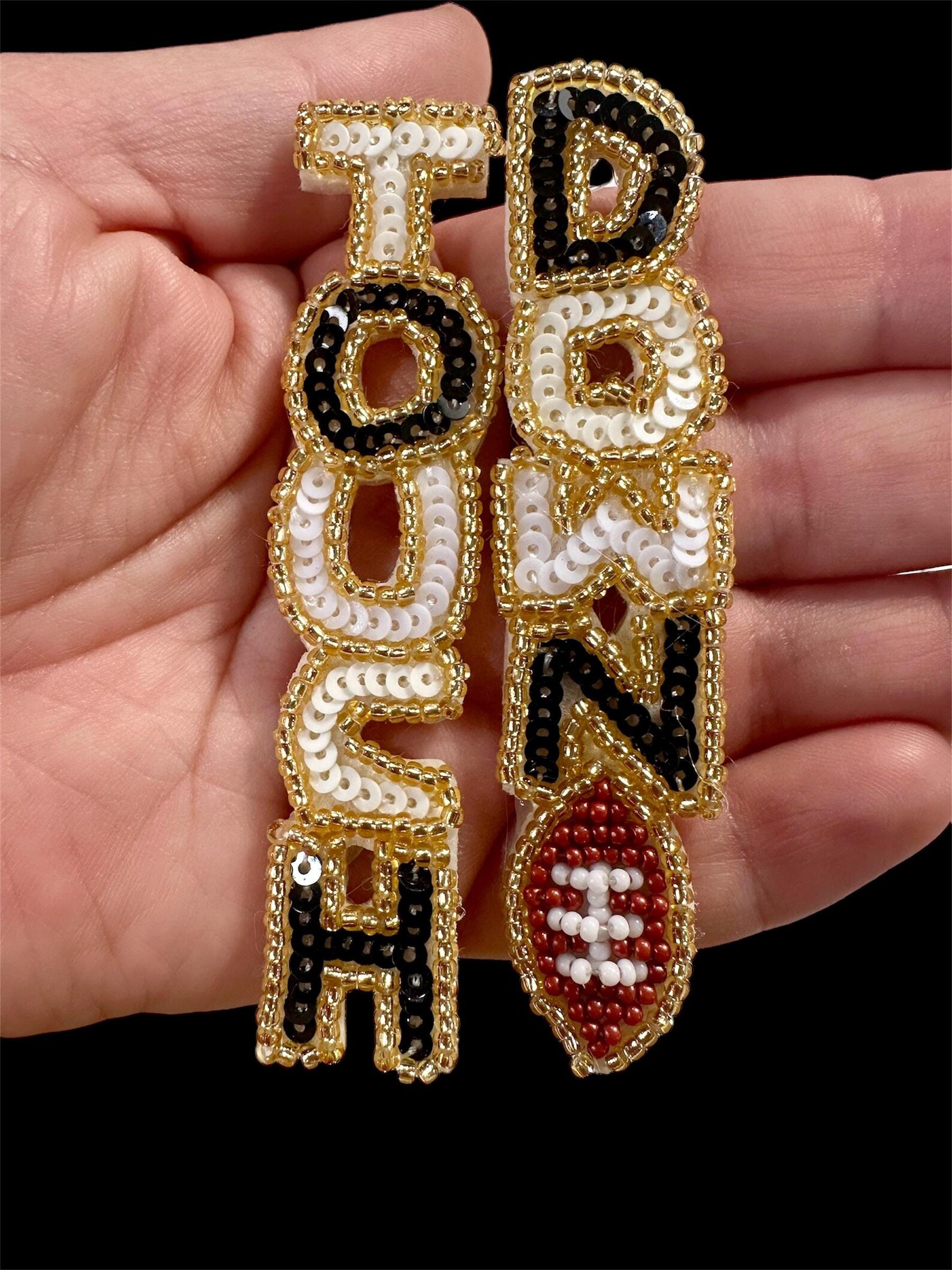 Black and Gold Football Earrings, Beaded Sequin Gameday Team Spirit ...
