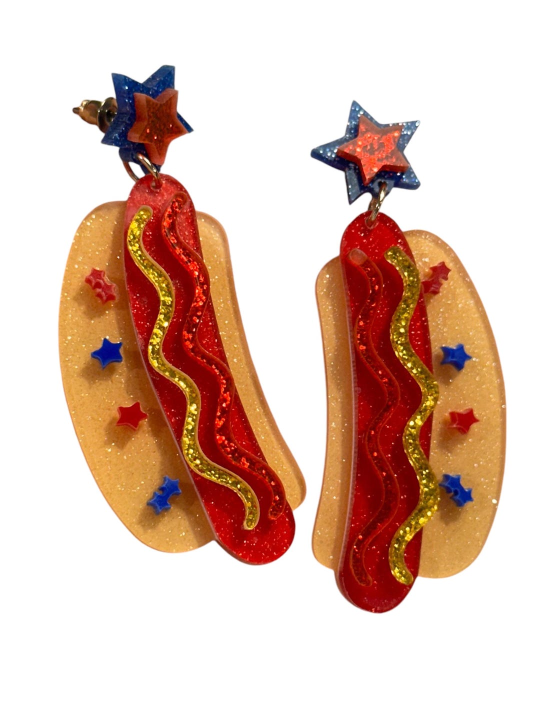 Quirky Glittery Acrylic Hot Dog Earrings, Hotdog Earrings, Baseball ...