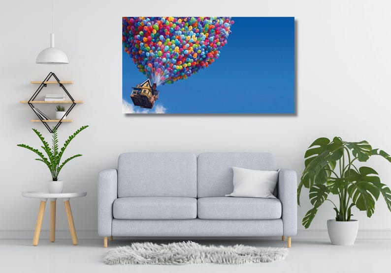 Quadro em tela do filme Up da Pixar, com balões coloridos, decoração ...