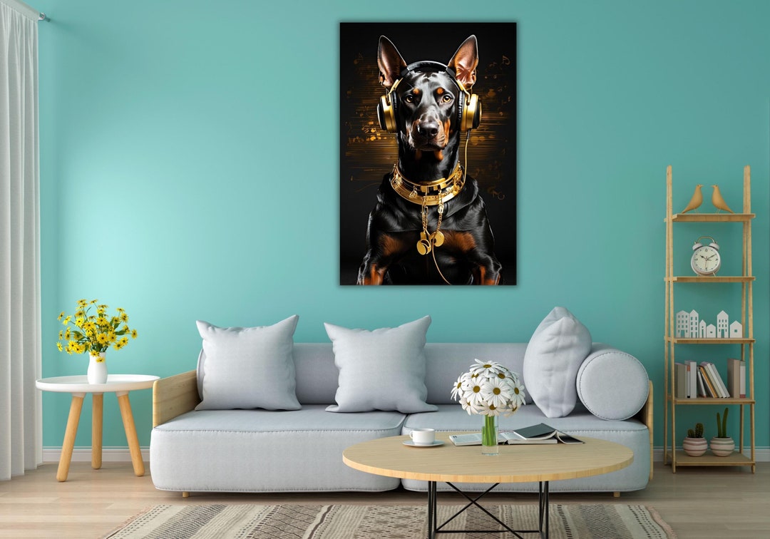Comic Dj Doberman Headphones Canvas Wall Art,doberman Portrait Poster ...