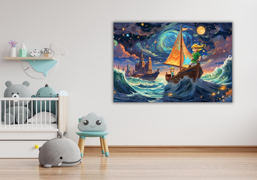 Zelda Breath of the Wild Canvas Print: Van Gogh Starry Night, Link Ship ...