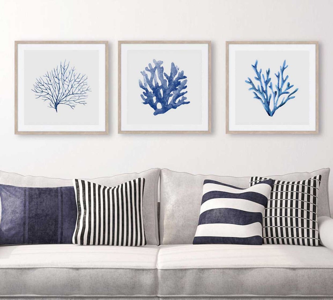 Blue Coral Prints, Blue Coral Watercolour Prints Set of 3, Hamptons ...