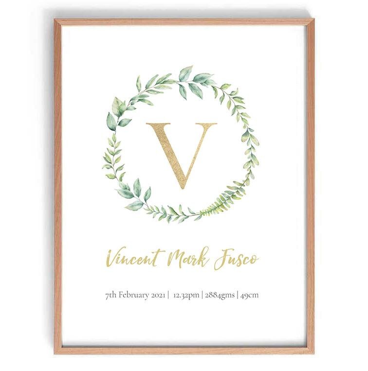 Green Wreath Custom Birth Print for Nursery - Eucalyptus Leaf Design - Etsy