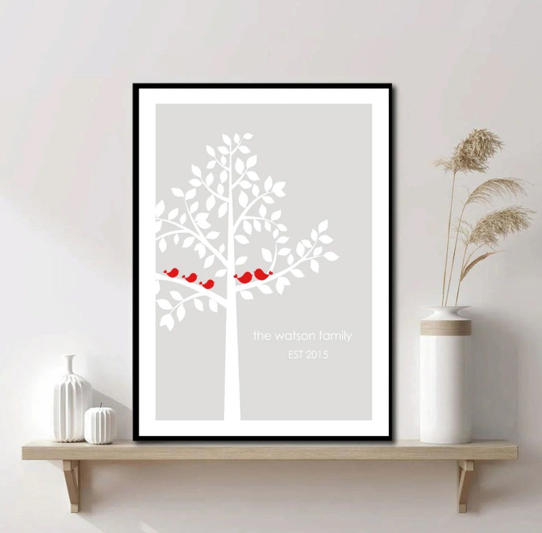 Personalised Family Tree Print, Love Tree Print, Custom Love Birds ...