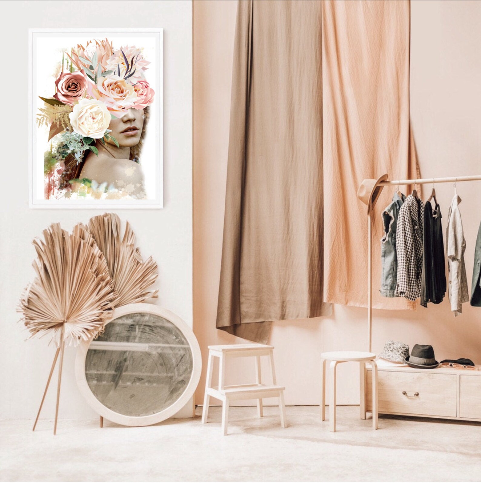 Flower Woman Art Print, Floral Head Print, Abstract Portrait, Minimal ...