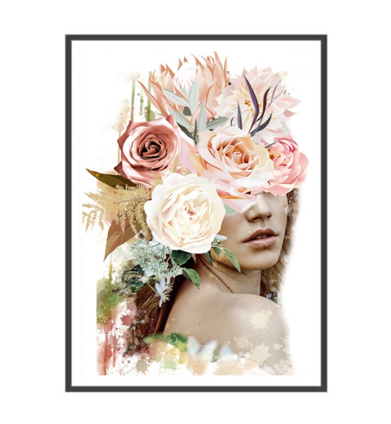 Flower Woman Art Print, Floral Head Print, Abstract Portrait, Minimal ...
