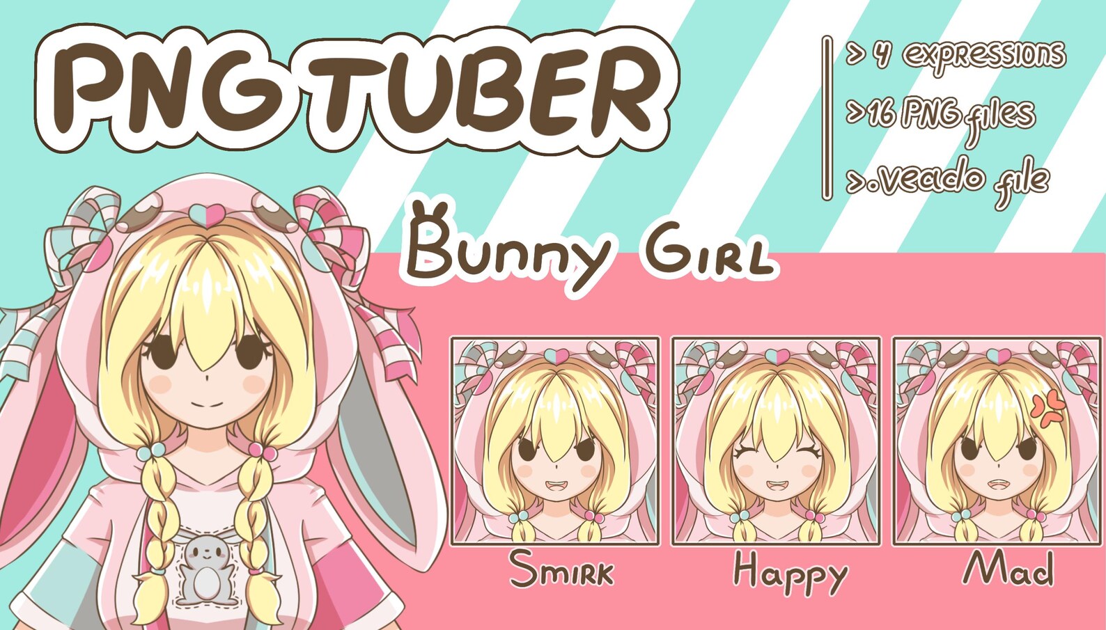 Pngtuber | Cute Bunny Gamer Girl | 4 Expressions | Streaming Avatar ...