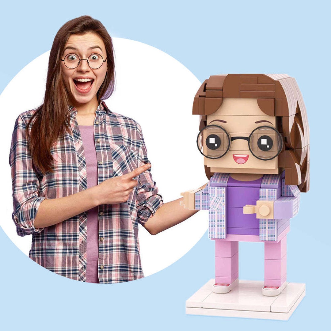 Customisable Full-body Brick Figurine Toy Woman in Plaid Shirt, Custom ...
