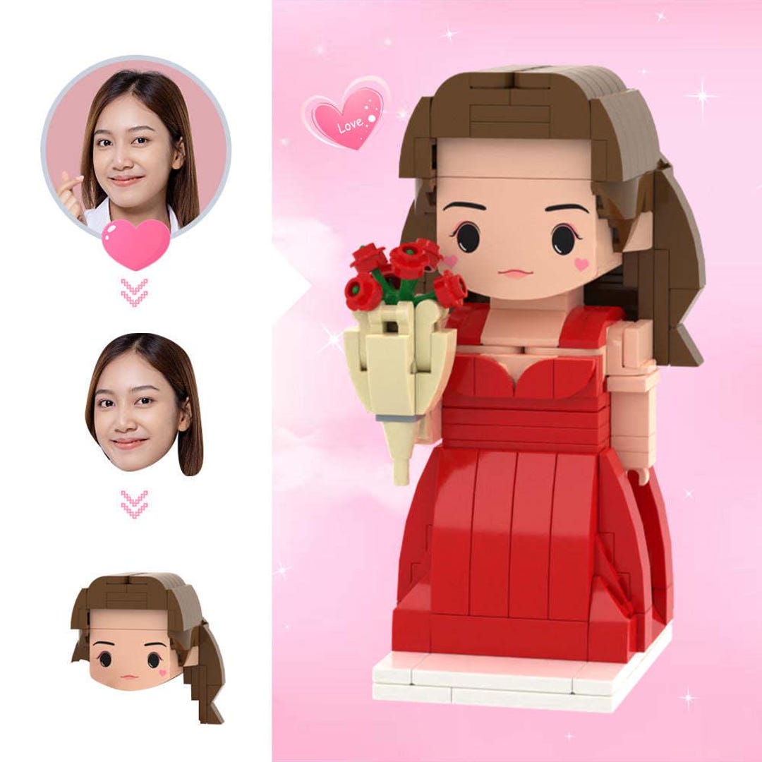 Customisable Head Brick Figurine: A Woman Holding a Bunch of Roses ...