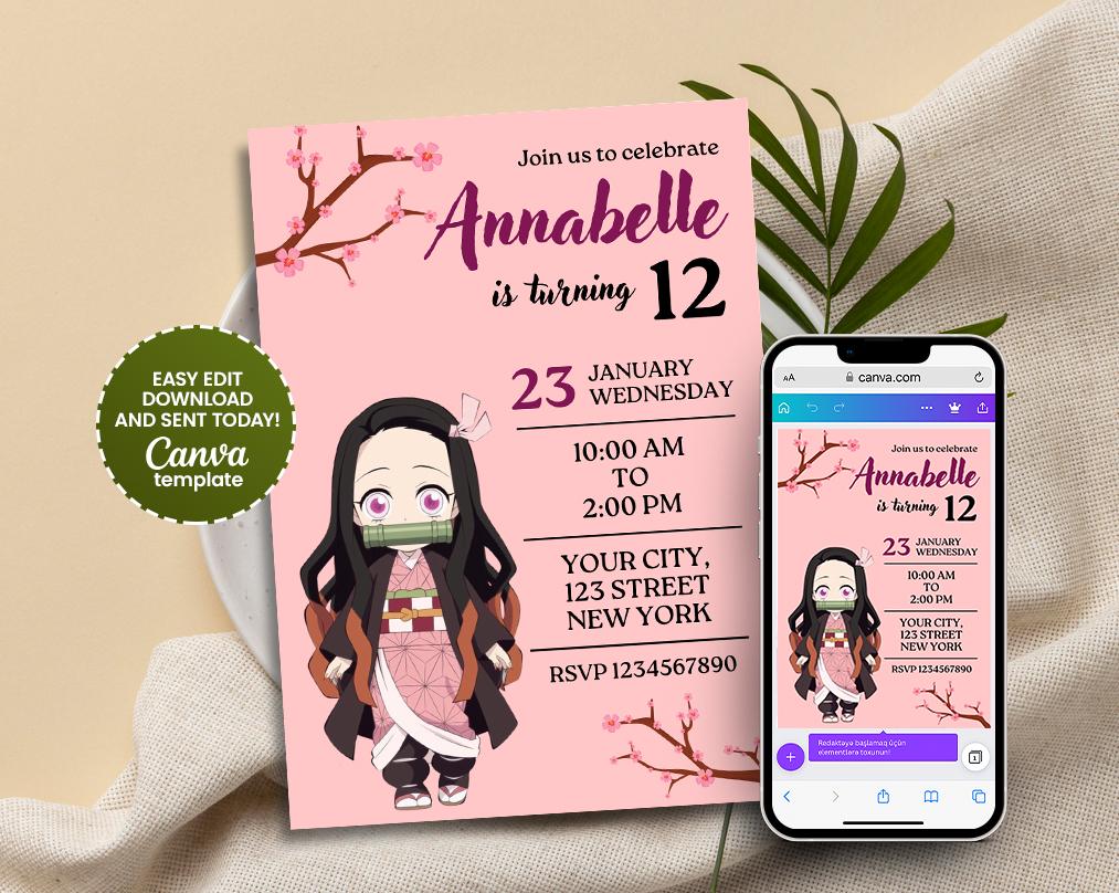 Nezuko Birthday Invitation | Printable Anime Party Invite, Digital ...
