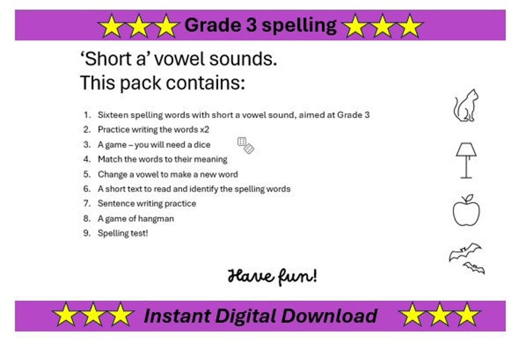 Spelling List: Easy Short ‘a’ Vowel Sounds (grade 3) 10 Pages Black and ...