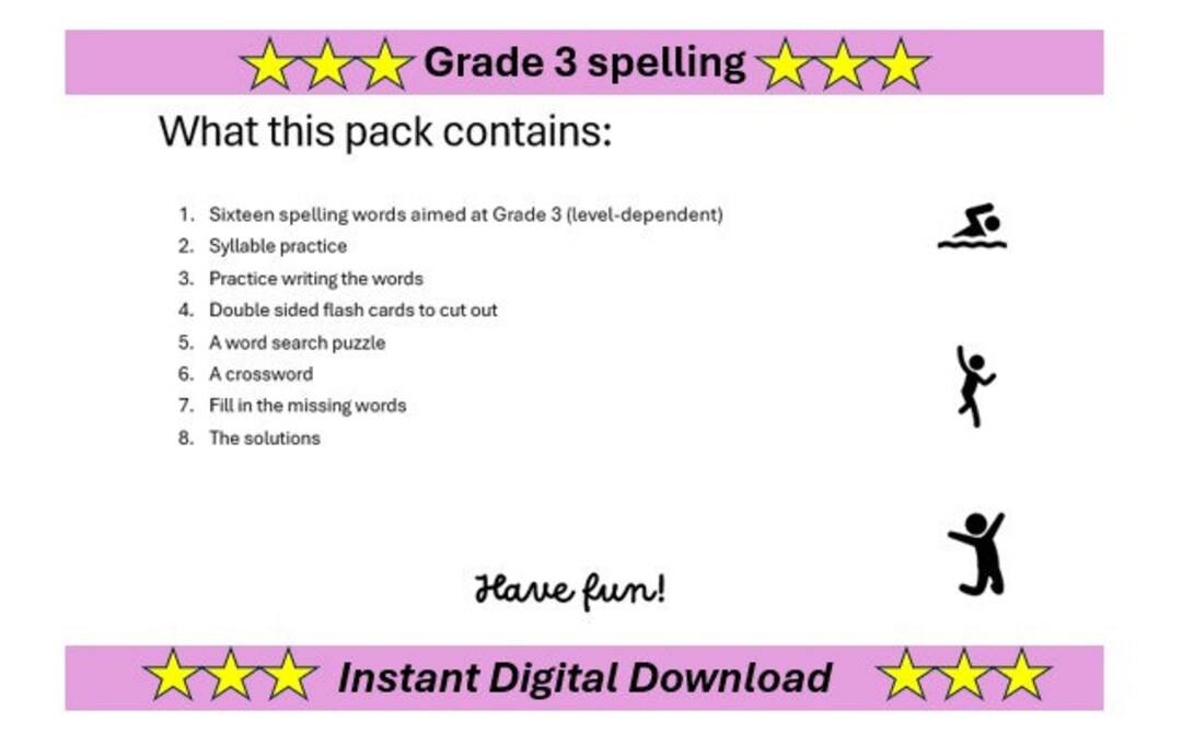 Spelling List: Starting Easy grade 3 10 Pages Printable Black and White ...