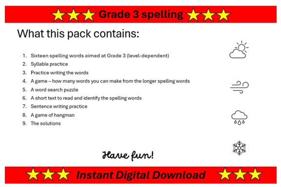 Spelling List: Weather grade 3 10 Pages of Printable Black and White ...