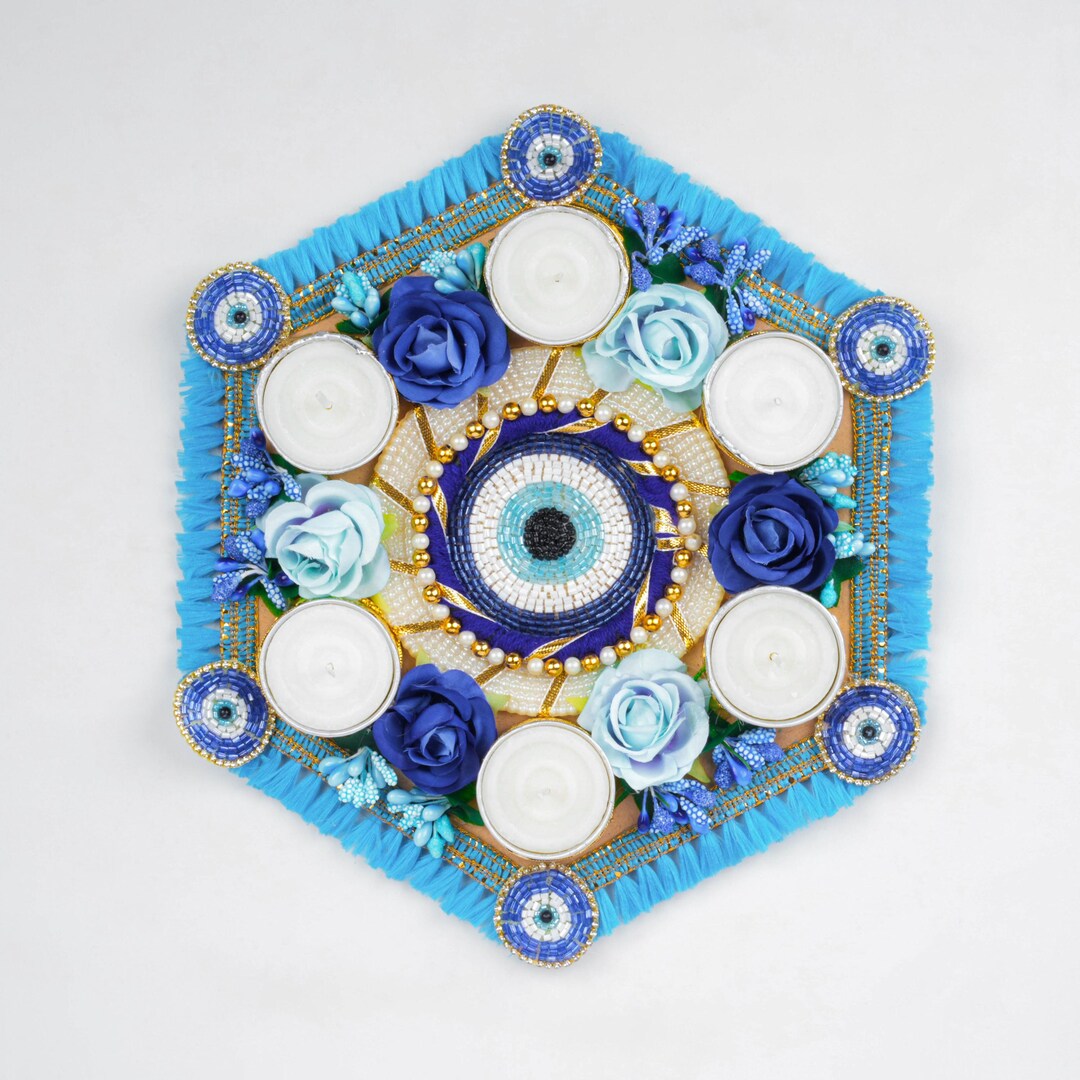 Handcrafted Evil Eye Rangoli With Tealight Holders – Hexagon Design ...