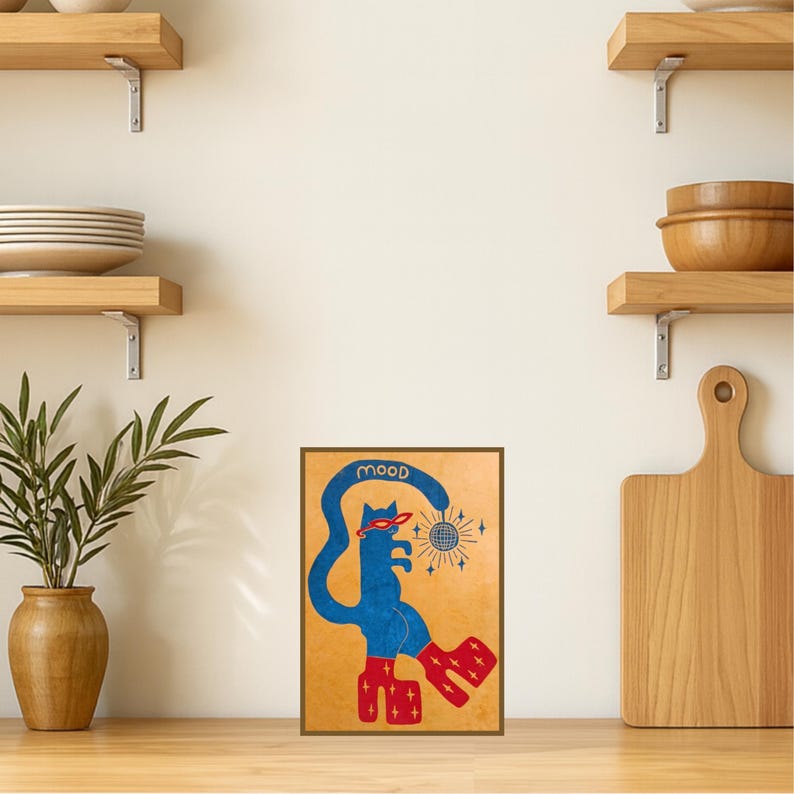 Groovy Cat Wall Art A4 | Handmade Blue Cat Print on Yellow Lokta Paper ...