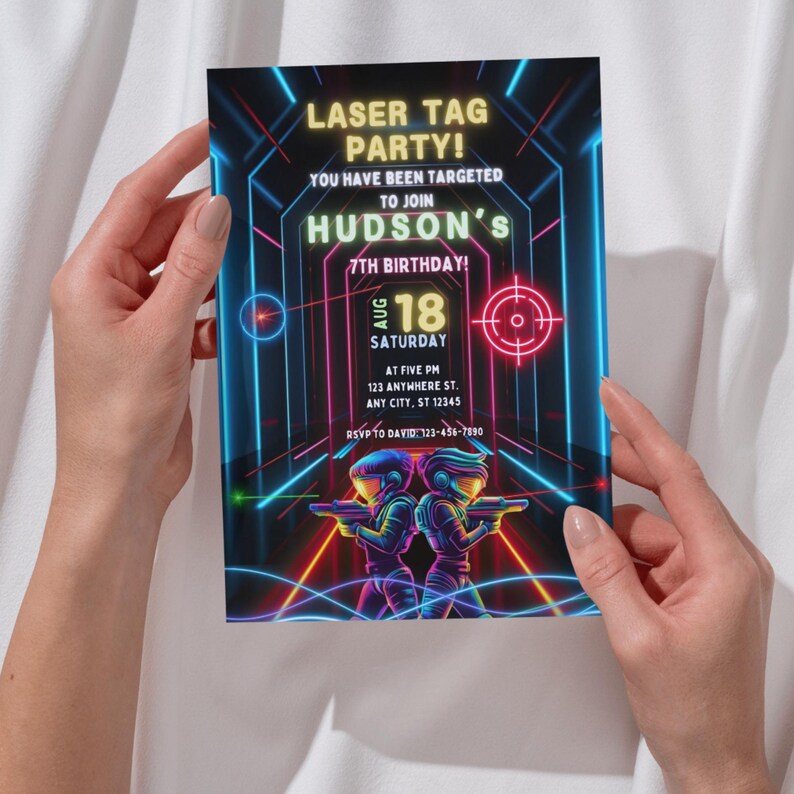 Laser Tag Birthday Invitation With Thank You Tag Template, Neon Red ...