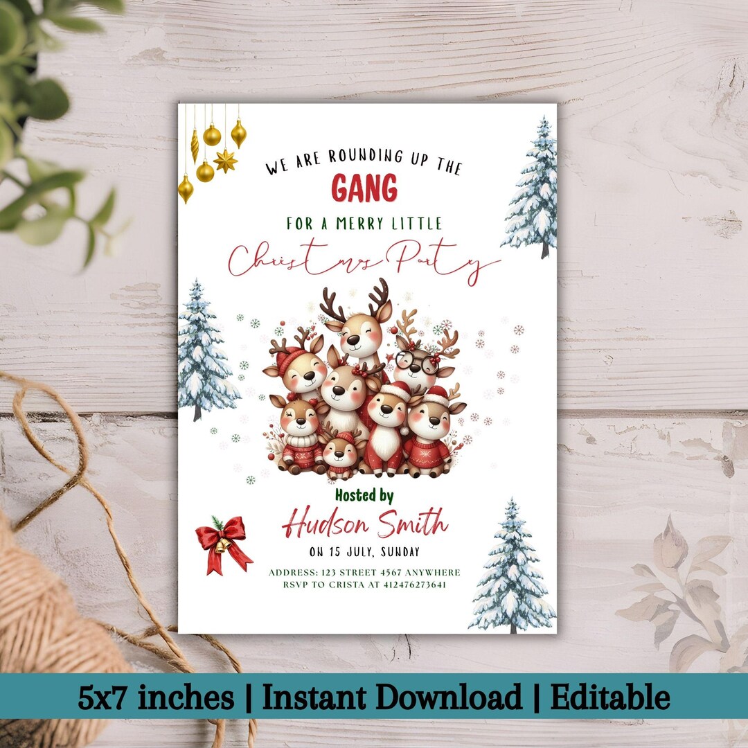 Editable Reindeer Christmas Party Invitation | Rounding up the Gang ...