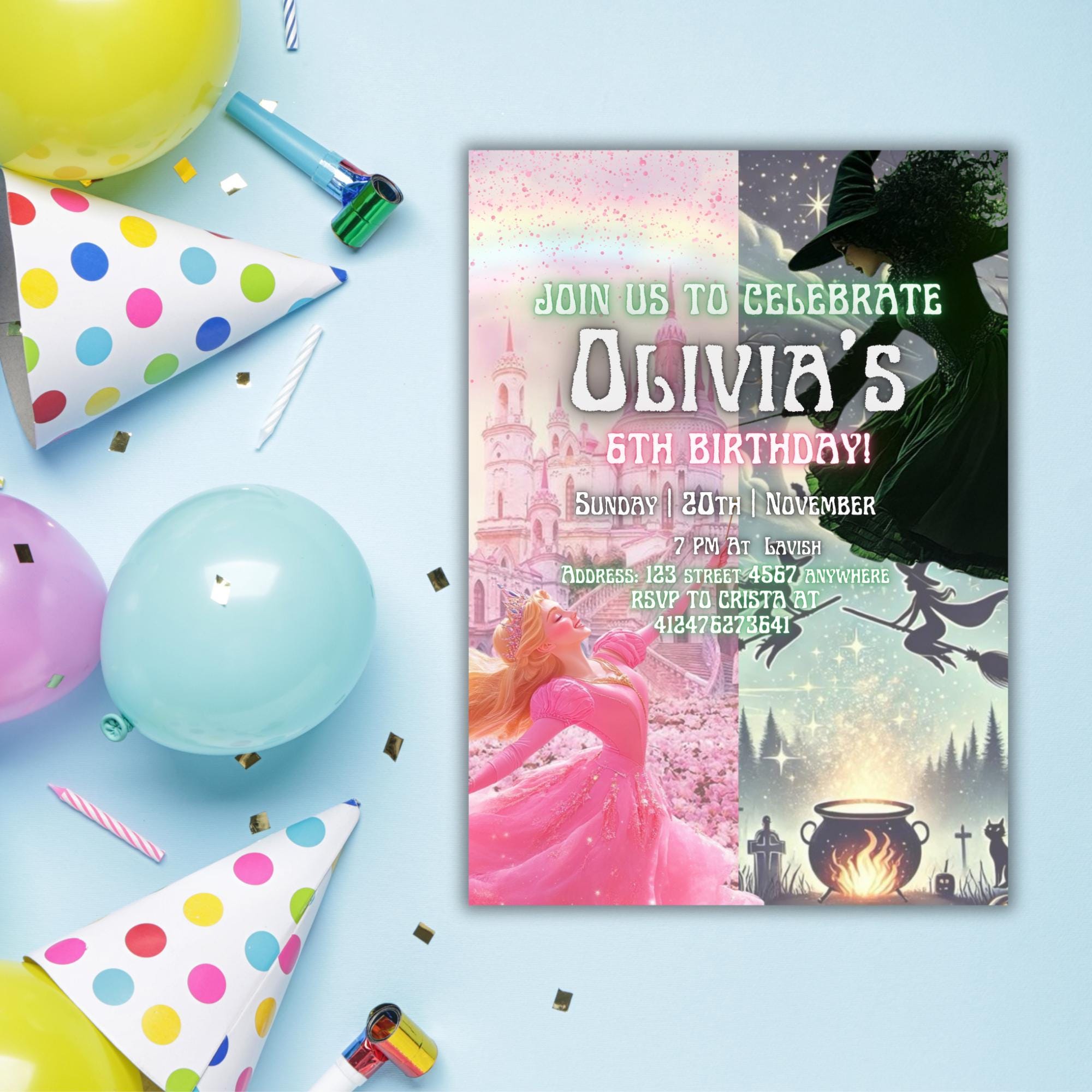 Wicked Theme Birthday Invitation, Green and Pink Wicked Musical ...