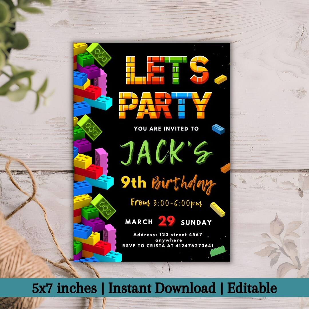 Editable Building Blocks Birthday Invitation Template, Colorful Block ...